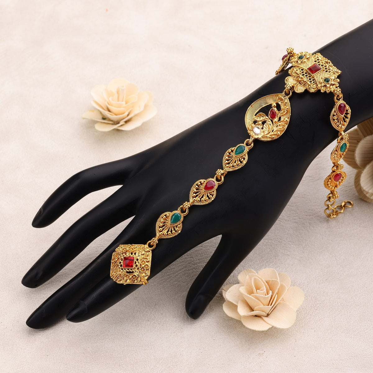 Golden Rajwadi Haath Phool/Panja Bracelet with Ring – Tessara